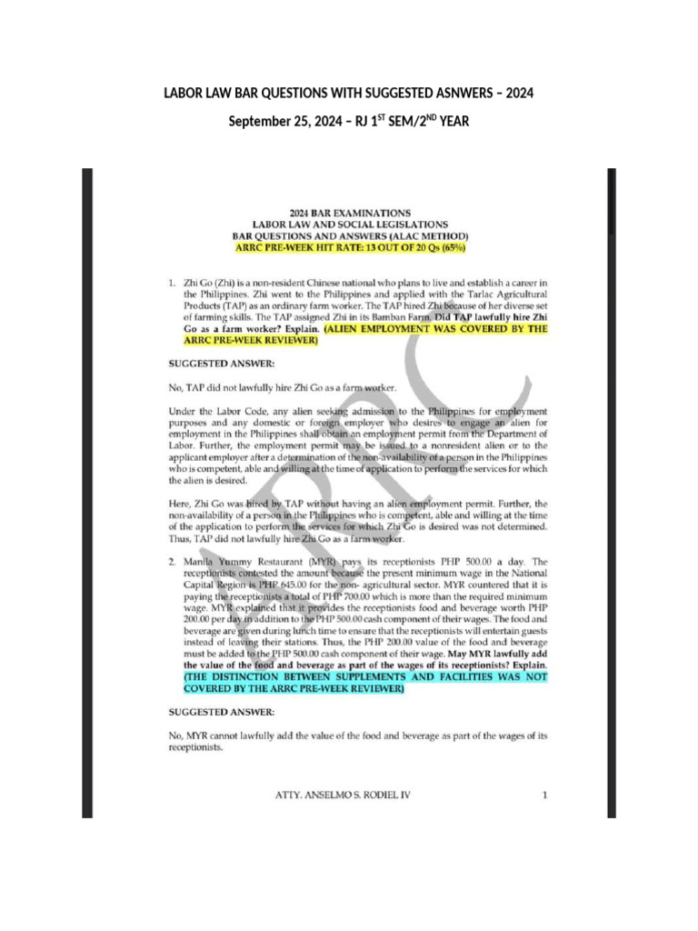 Labor Law Bar Questions With Suggested Asnwers 2024 | PDF