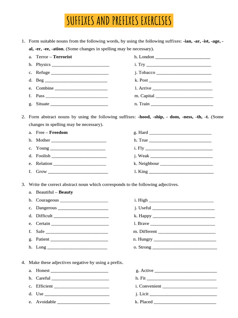 Suffixes and Prefixes Exercises | PDF