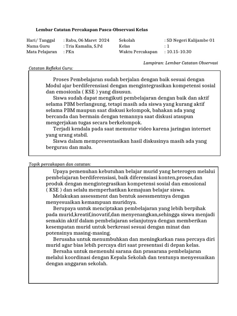 3 - Lembar Catatan Percakapan Pasca-Observasi Kelas | PDF