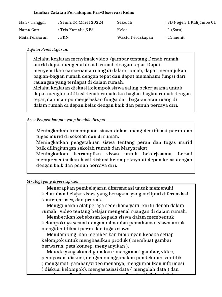 1 - Lembar Catatan Percakapan Pra-Observasi Kelas | PDF