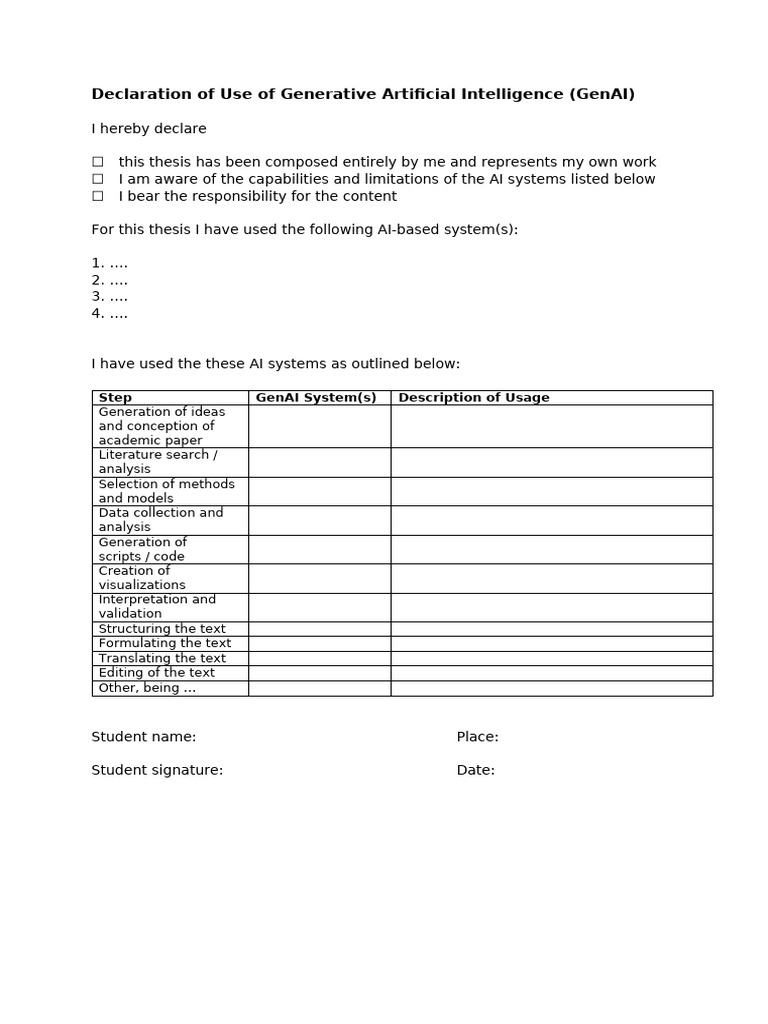 Declaration of Use of Generative Artificial Intelligence (GenAI) | PDF