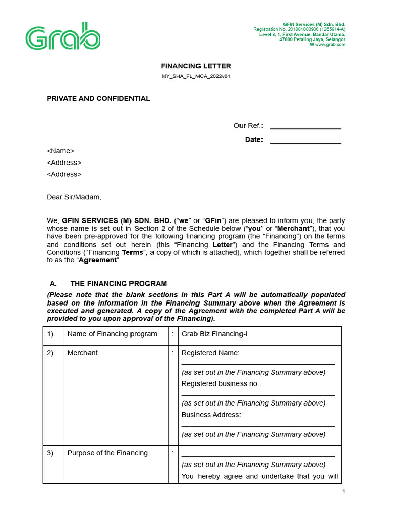 MY Grab Biz Financing I Facility Letter Terms and Conditions ENG | PDF