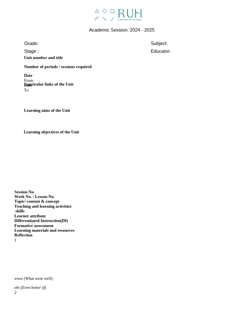 1) Unit Plan Template - Igcse-Lower Secondary | PDF