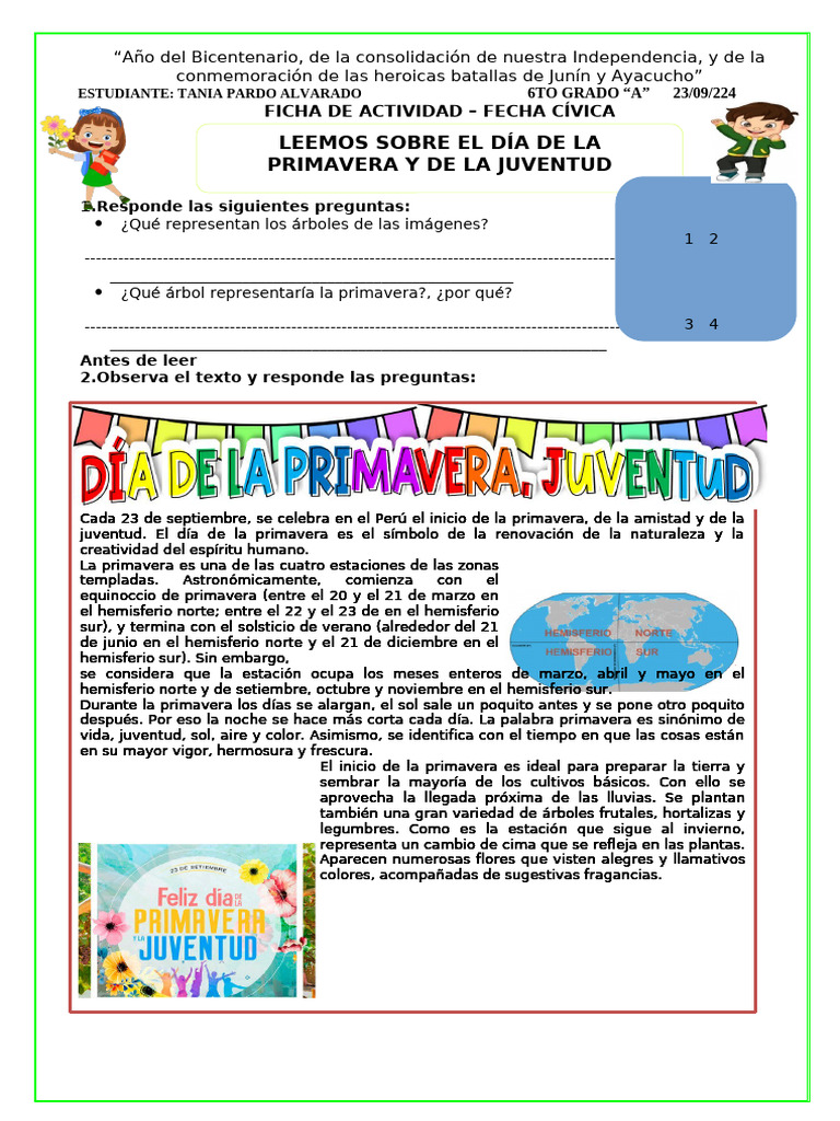 Ficha-Fecha Cívica-Leemos Sobre El Día de La Primavera y La Juventud ...