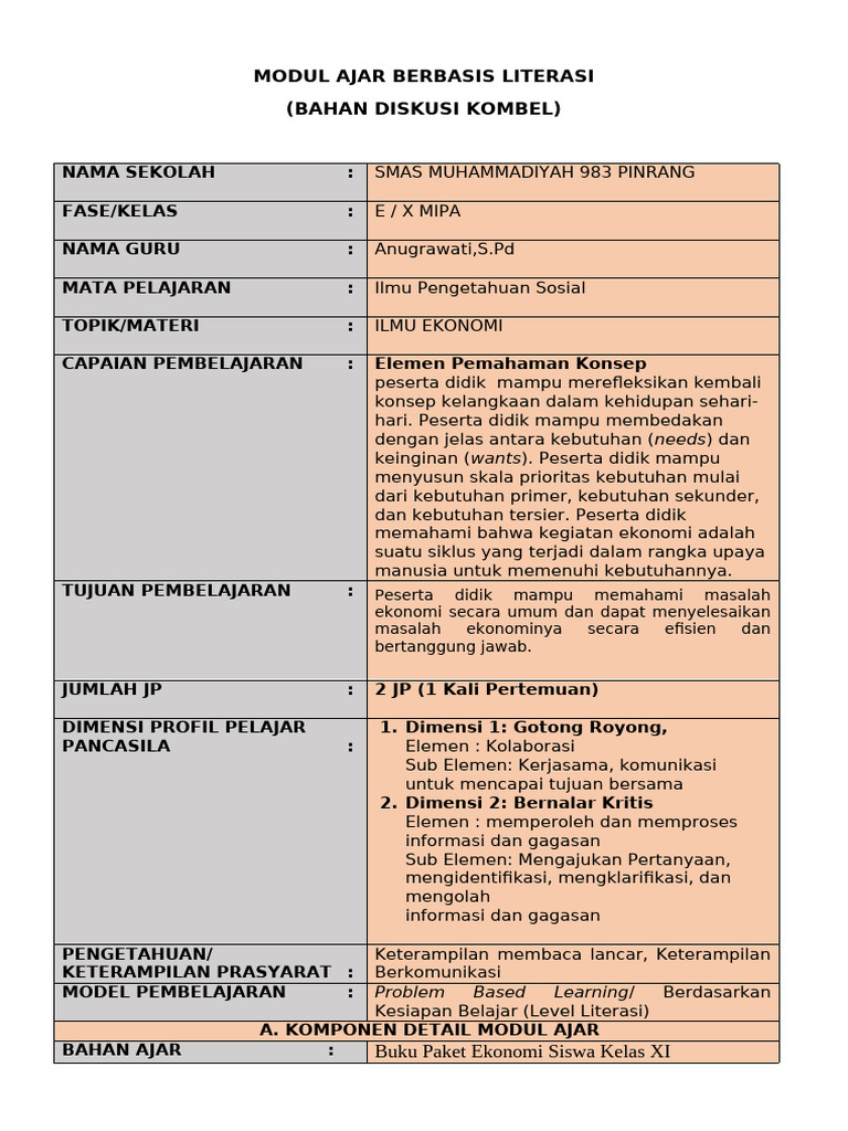 Modul Ajar - Literasi Ekonomi Kelas X | PDF