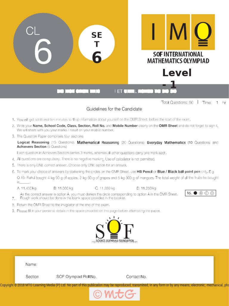 Imo Level1 Class 6 Set 6 | PDF