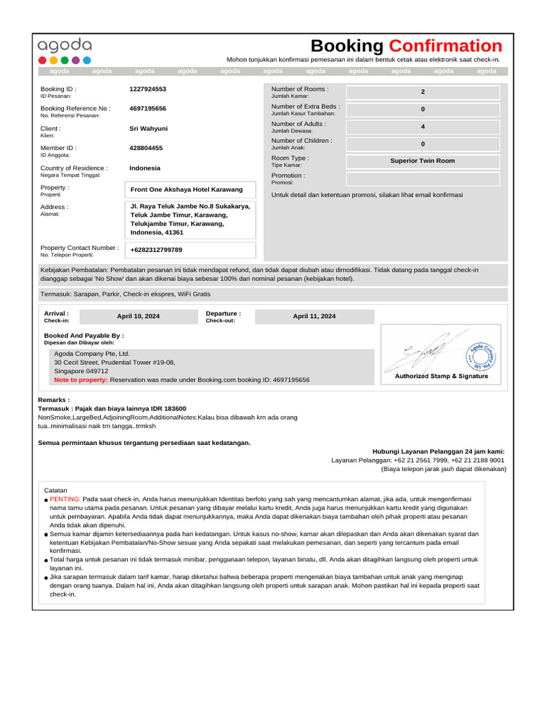 Confirmation For Booking ID # 1227924553 | PDF