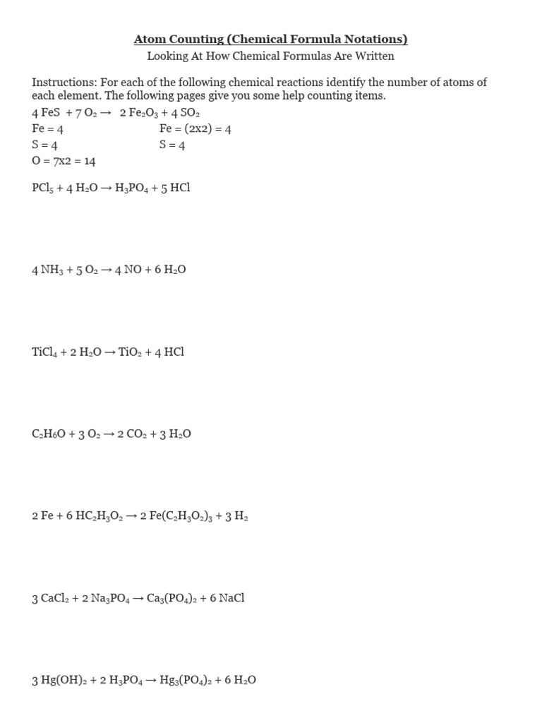 Chemical Formula Atom Counting Guide | PDF | Molecules | Chemical ...