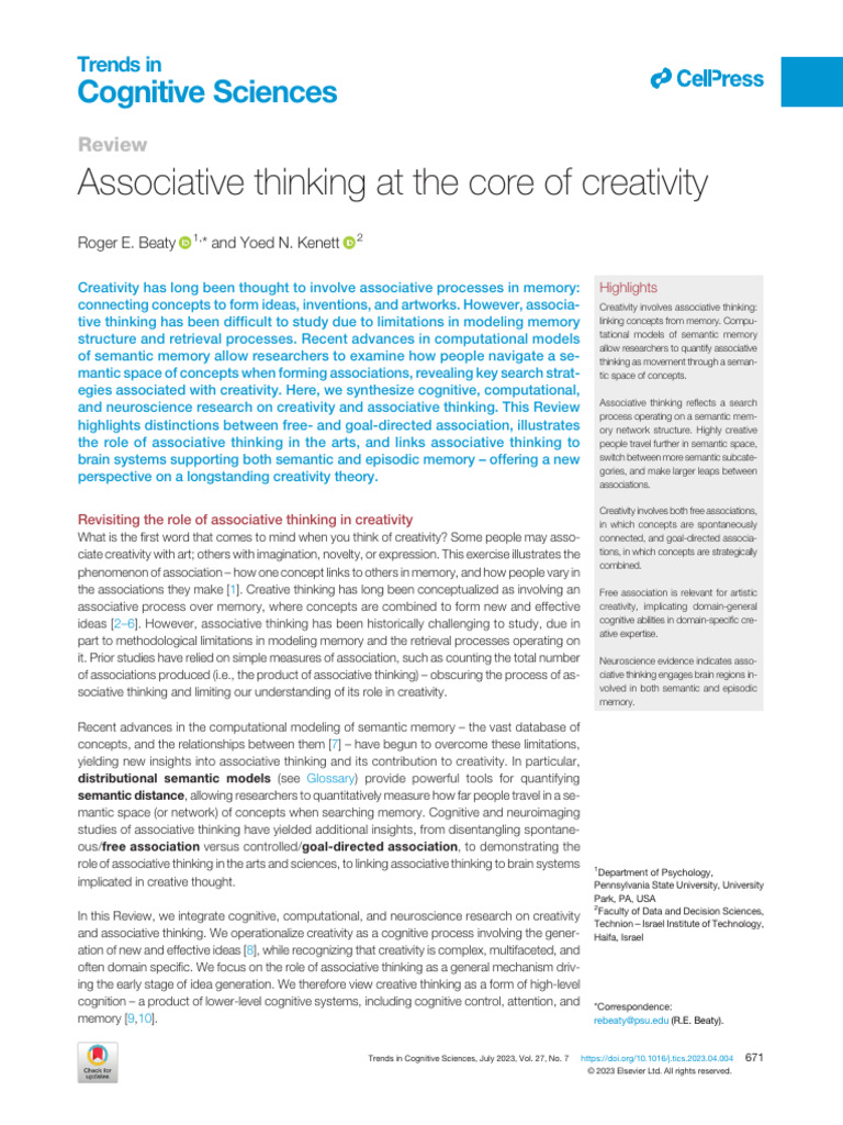 Associative Thinking at The Core of Creativity: Cognitive Sciences | PDF