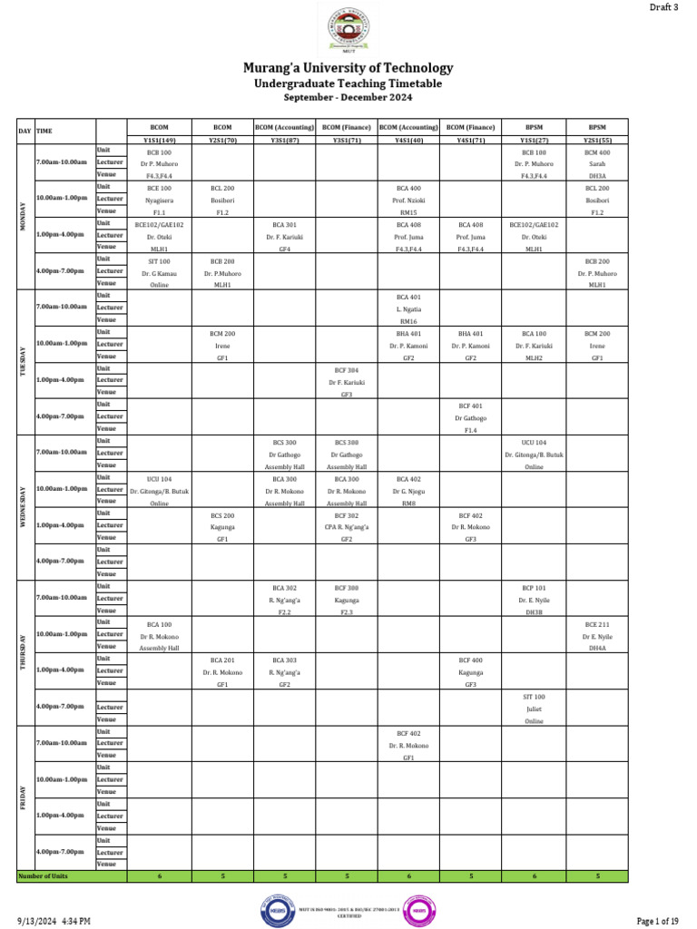 Teaching Timetable Sep - Dec 2024 Undergraduate | PDF