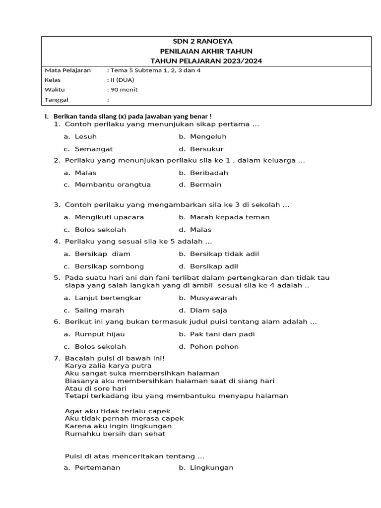 Soal PAT Kelas 2 Tema 5 | PDF