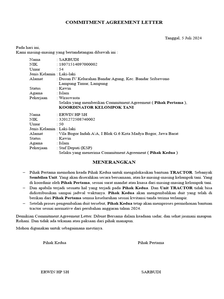 COMMITMENT AGREEMENT LETTER 1 | PDF