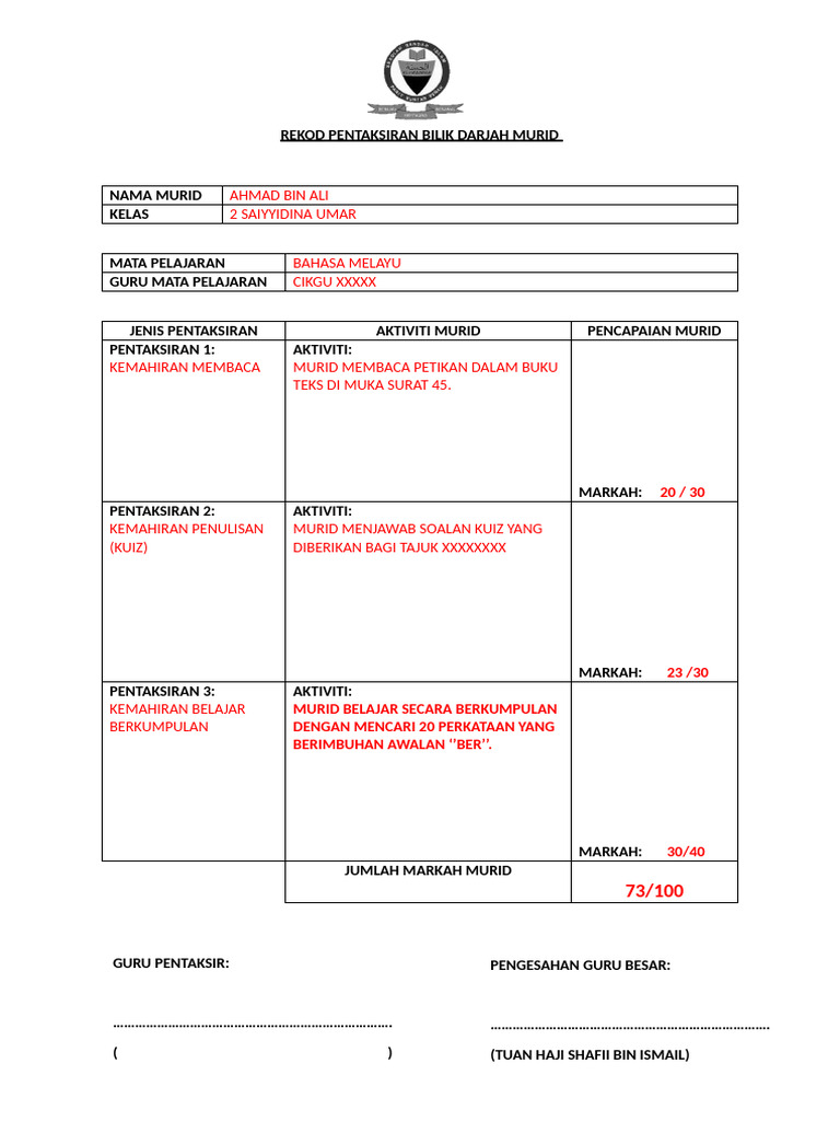 Contoh Rekod Pentaksiran Bilik Darjah Murid | PDF