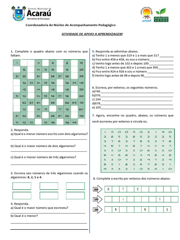 1 - AAA - 3º Ano - Escrita de Números | PDF