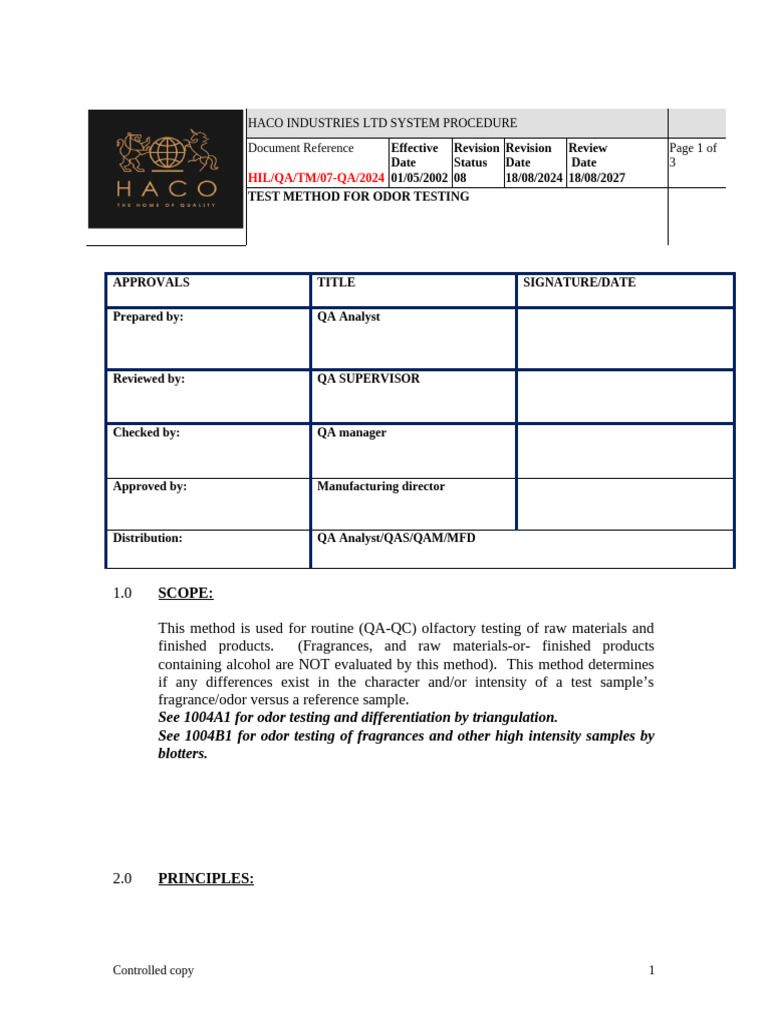 TM 07-QA-08 - Odor Testing | PDF