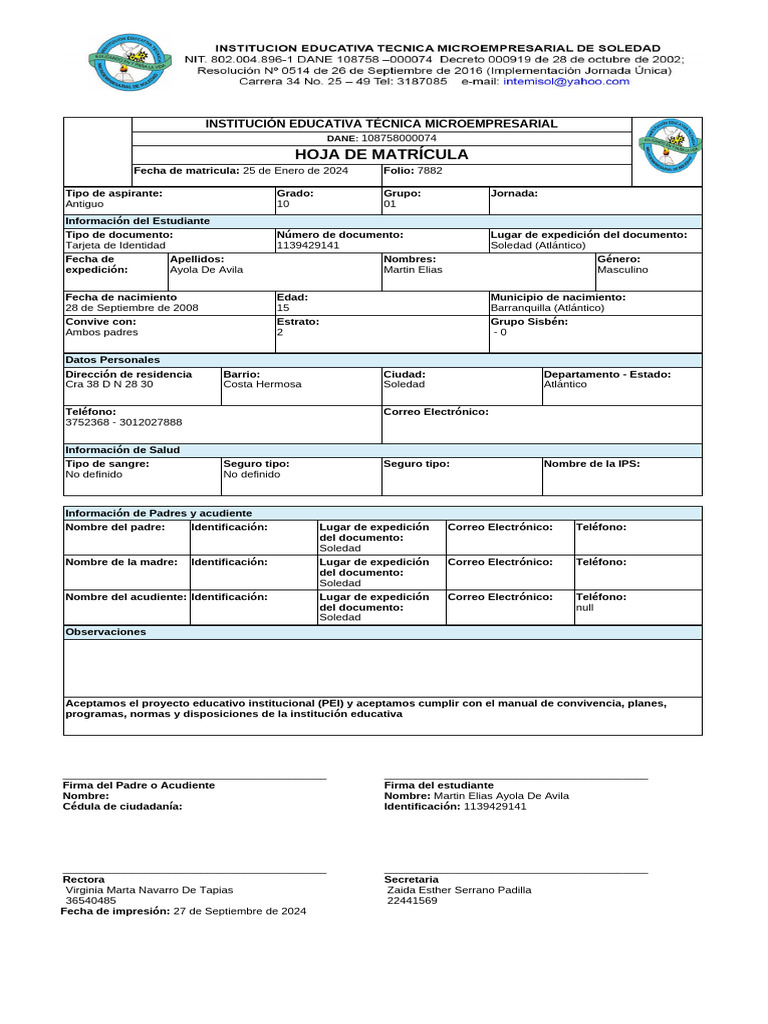 Formato de Matrícula | PDF | Documento de identidad | Gobierno y personalidad