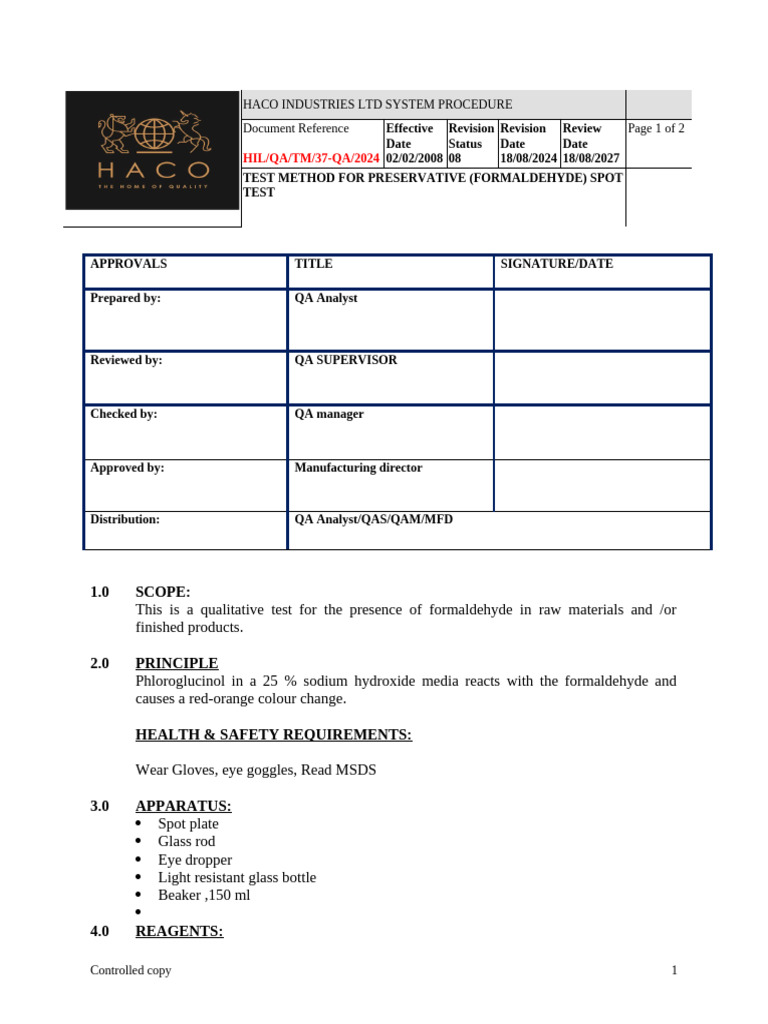 TM 37-QA-08-Preservative (Formaldehyde) Spot Test | PDF