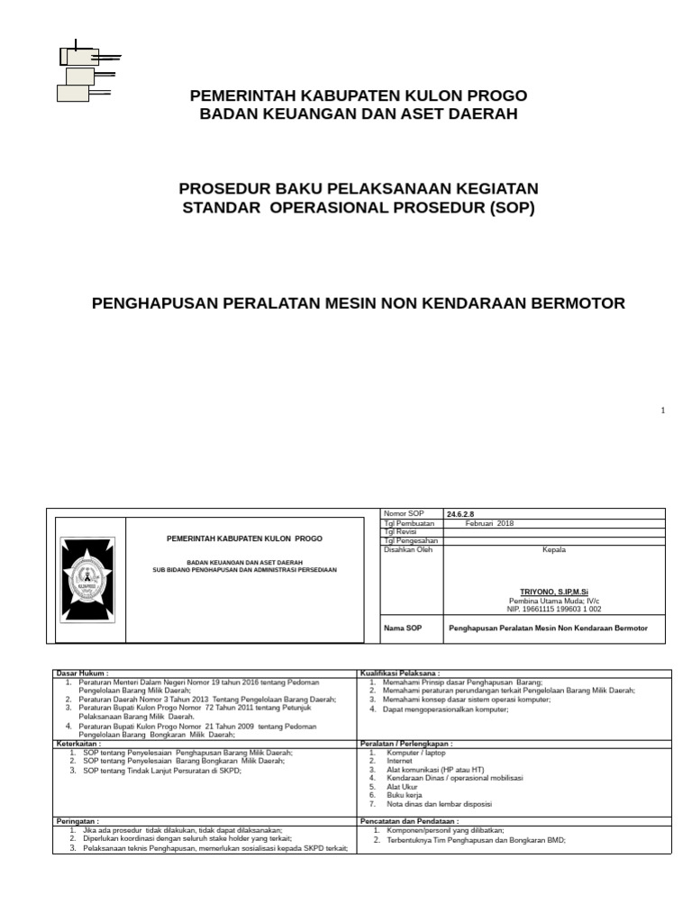 SOP 2018 Peral. Mesin Non Kend. Bermotor | PDF