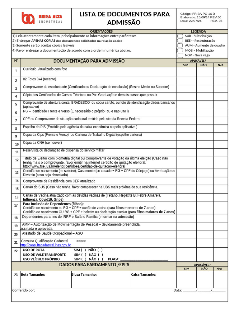 Anexo 06 - FR Ba Po 14 D - Lista de Documentos para Admissão - Rev 05 | PDF