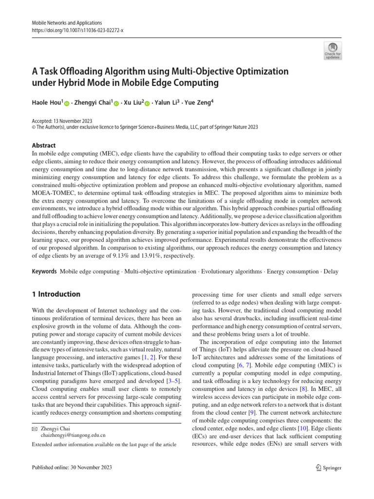 A Task Offloading Algorithm Using Multi-Objective Optimization Under Hybrid Mode in Mobile Edge ...
