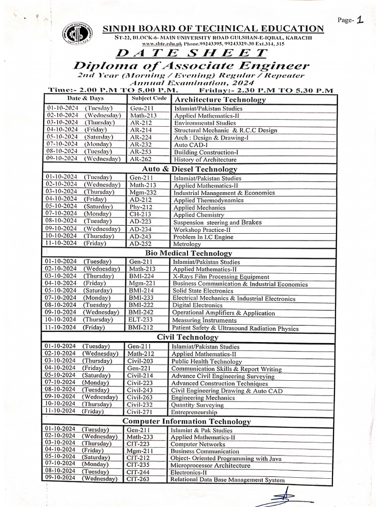 Date Sheet A-Exam 2nd Year 2024 | PDF