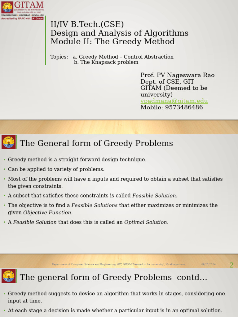 Module II - Greedy Method - The General Method - Knapsack Problem | PDF