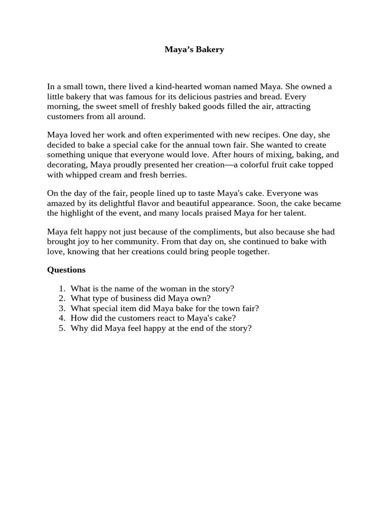 Comprehension Passage - Maya's Bakery | PDF