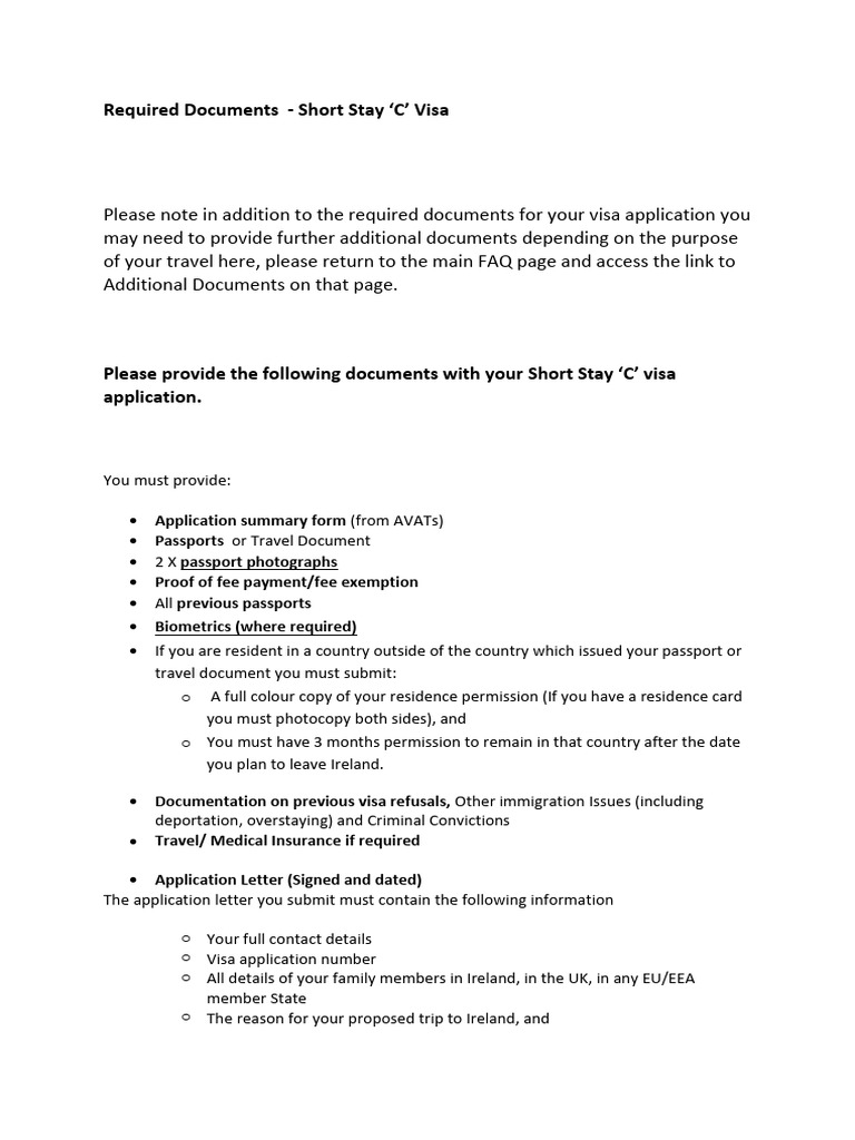 Required Documents Short Stay C Visa. Faq | PDF