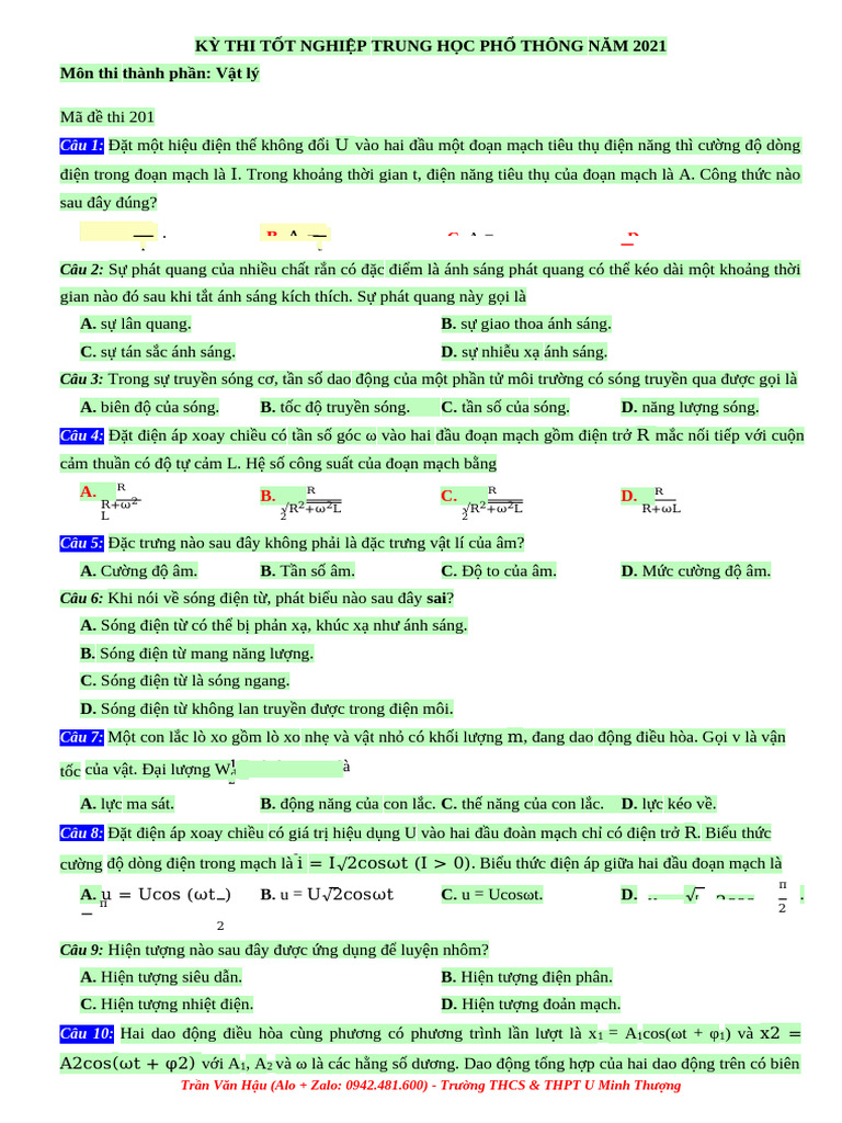 De Thi TN THPT Vat Li 2022 | PDF