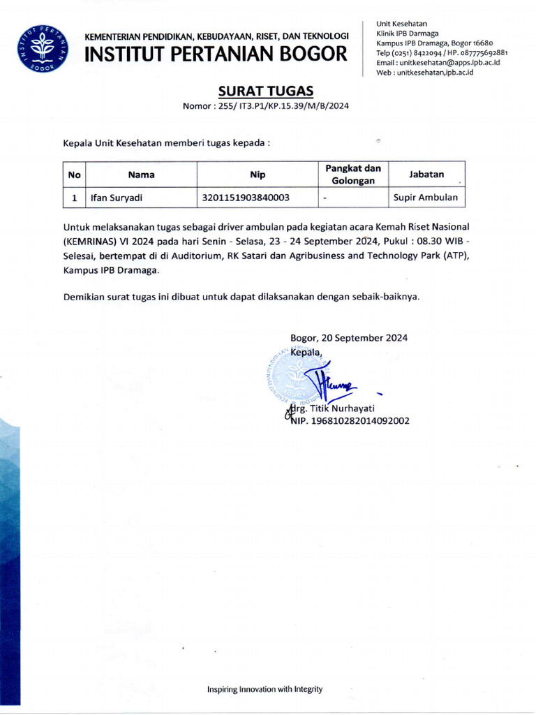 Surat Tugas Kemrinas Ipb Vi 2024 | PDF