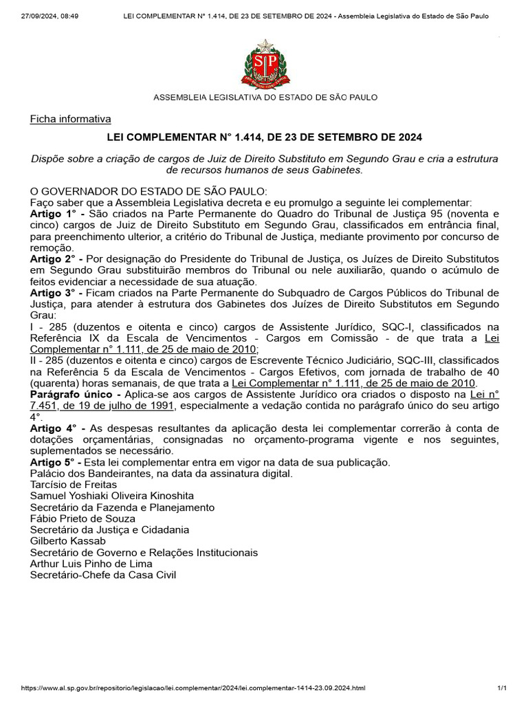 LEI COMPLEMENTAR #1.414, DE 23 DE SETEMBRO DE 2024 - Assembleia Legislativa Do Estado de São ...