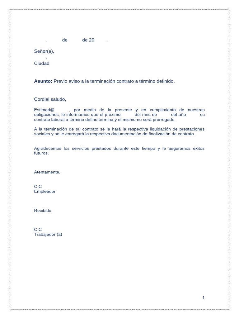 Anexo 4 - Preaviso Terminación de Contrato A Término Fijo. | PDF