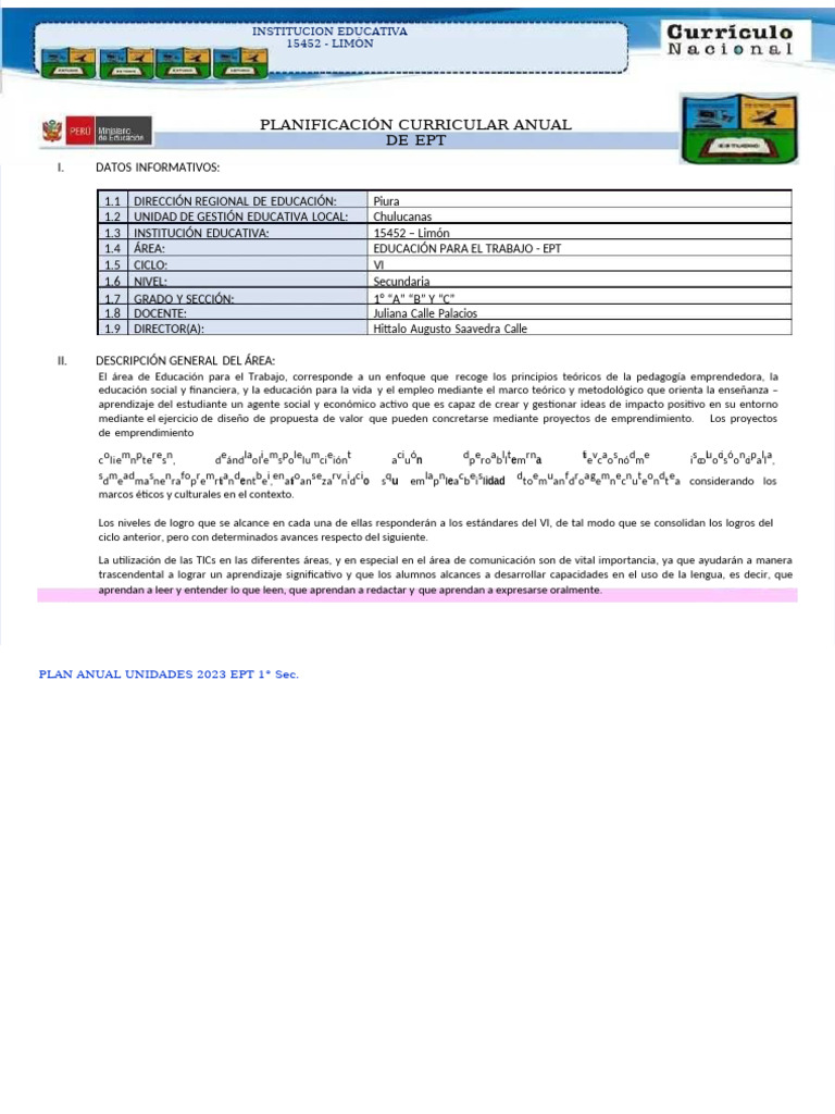 PDF Plan Anual Ept 1 Sec 2023 | PDF