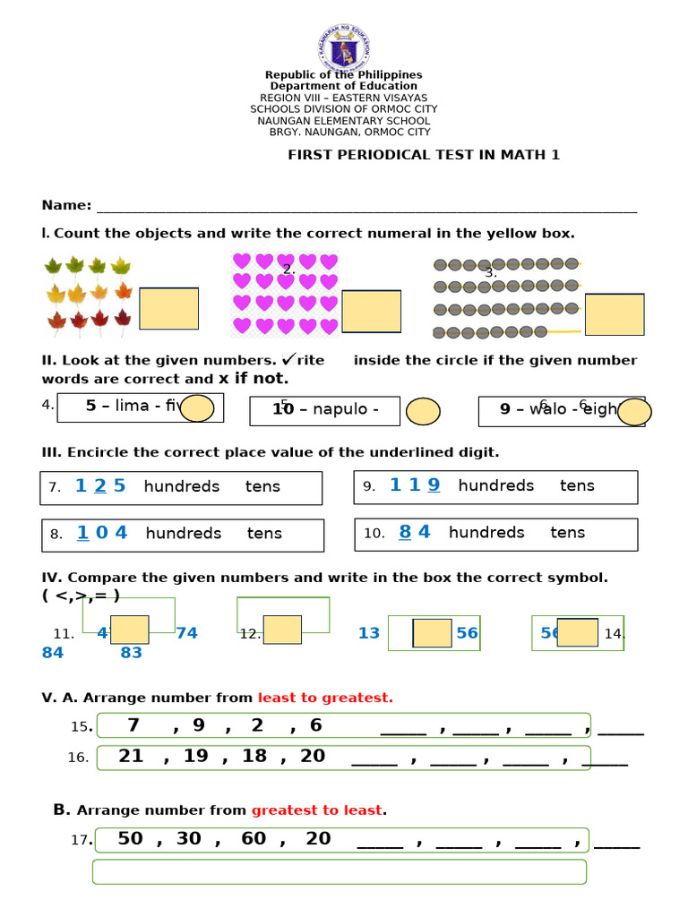 1st Quarter Test in Math 1 | PDF