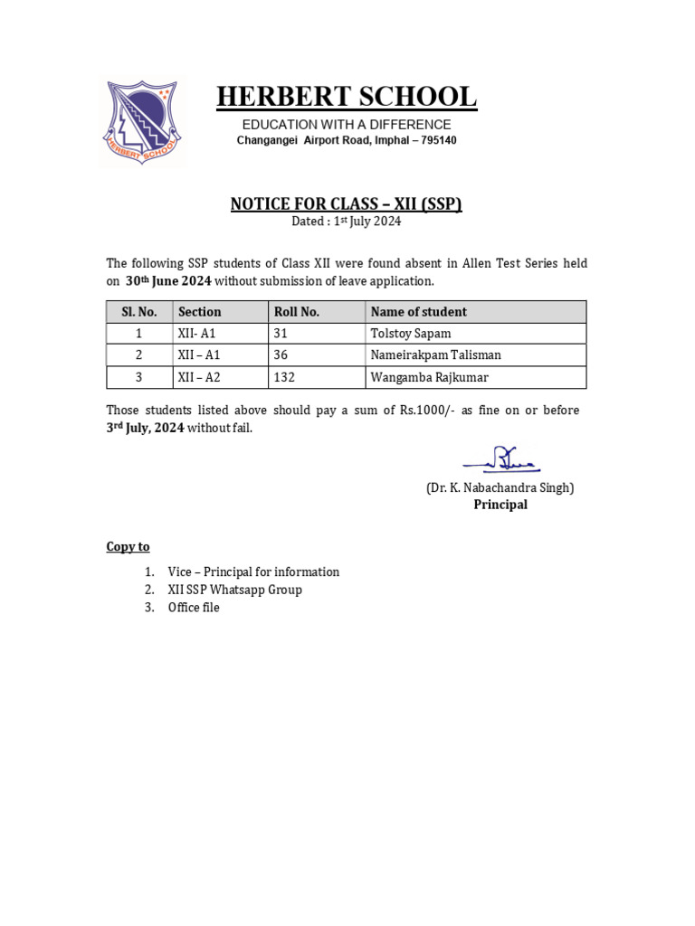 Class XII SSP Allen Test Series Notice (Absentees) | PDF