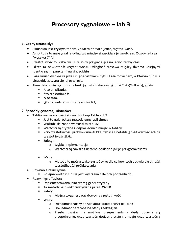 Procesory Sygnałowe - Lab 3: 1. Cechy Sinusoidy | PDF