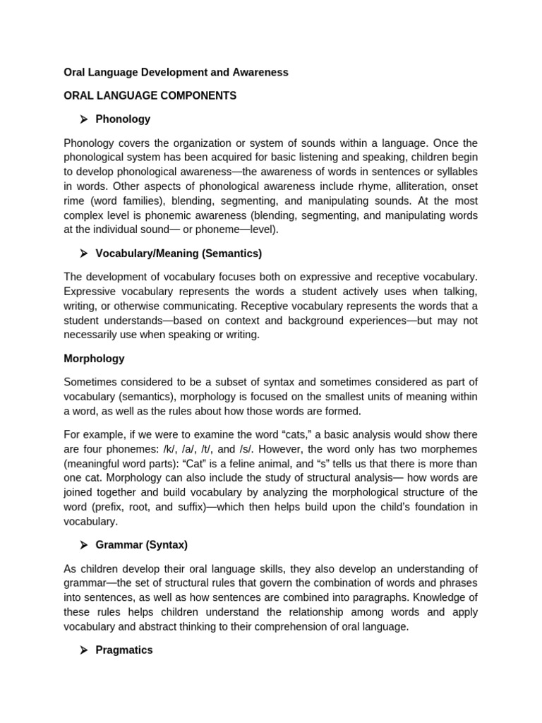 Oral Language Development and Awareness | PDF | Word | Career & Growth