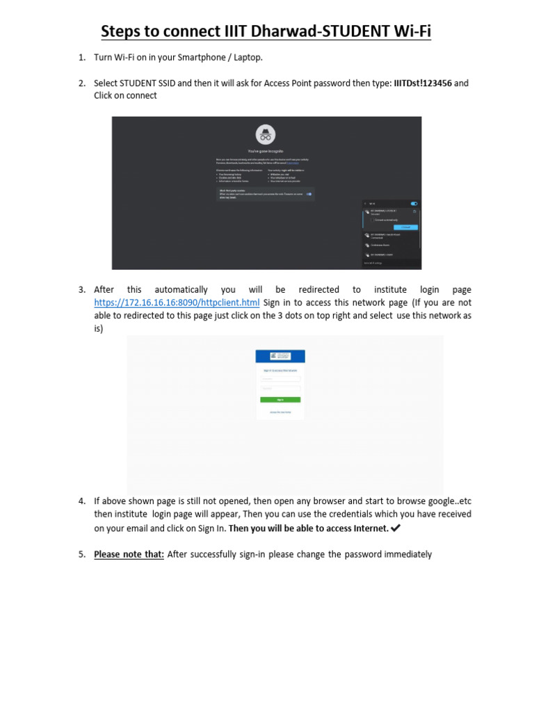 Steps To Connect IIIT Dharwad-Student Wi-Fi | PDF