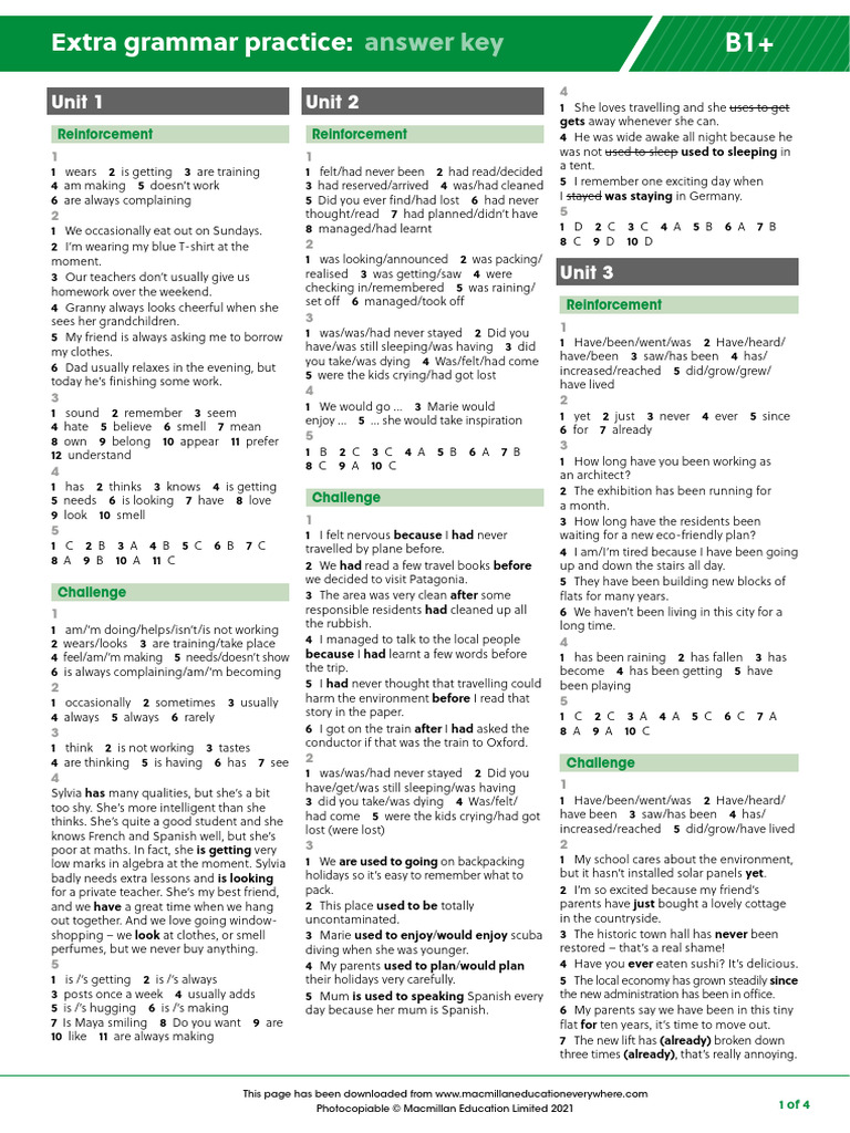 B1PLUS Extra Grammar Practice Answer Key | PDF