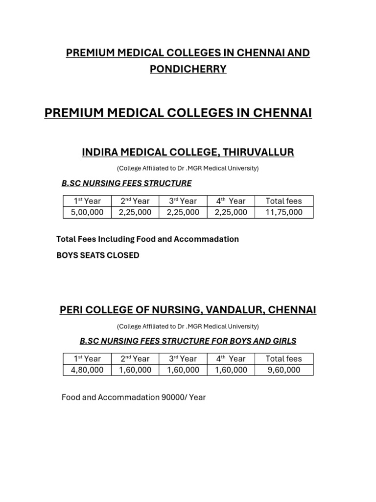 Revised Bsc Nursing Chennai & Pondichery Fees Structure | PDF