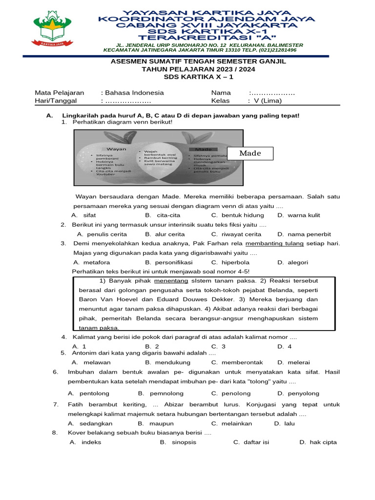 Soal Ats Ganjil B.indo Kelas 5 TP 2023-2024 | PDF