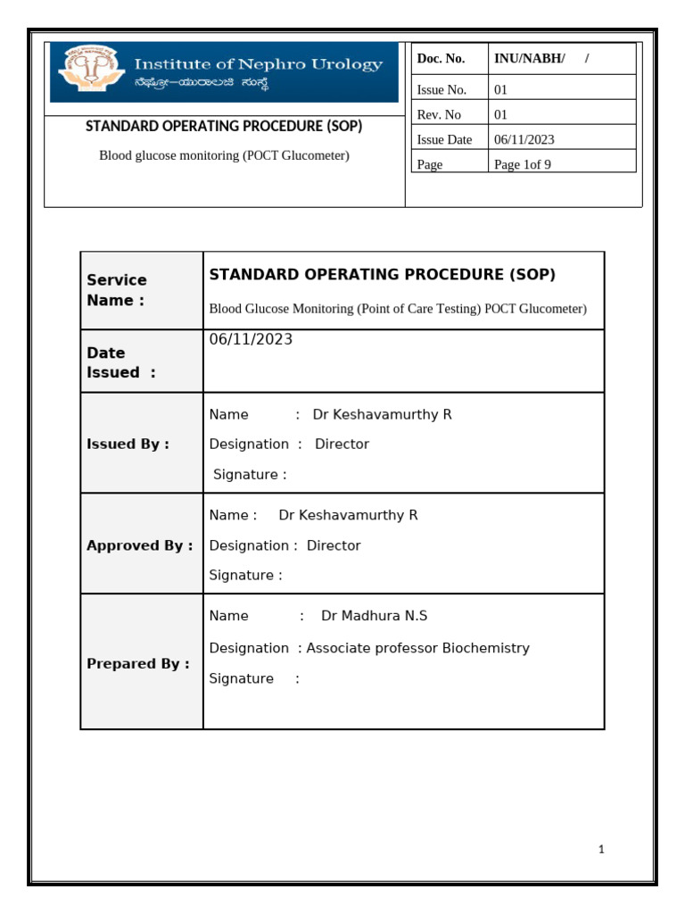 Sop Glucometer | PDF