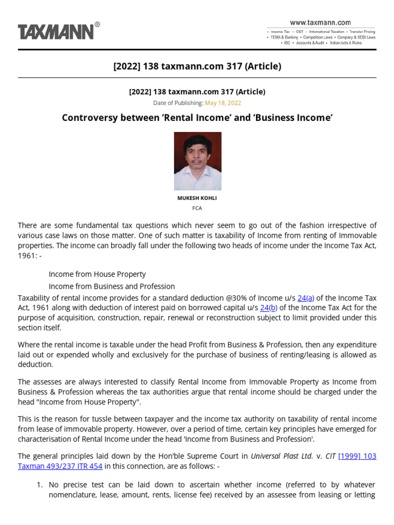 2022 138 Taxmann Com 317 Article Controversy Between Rental Income and ...