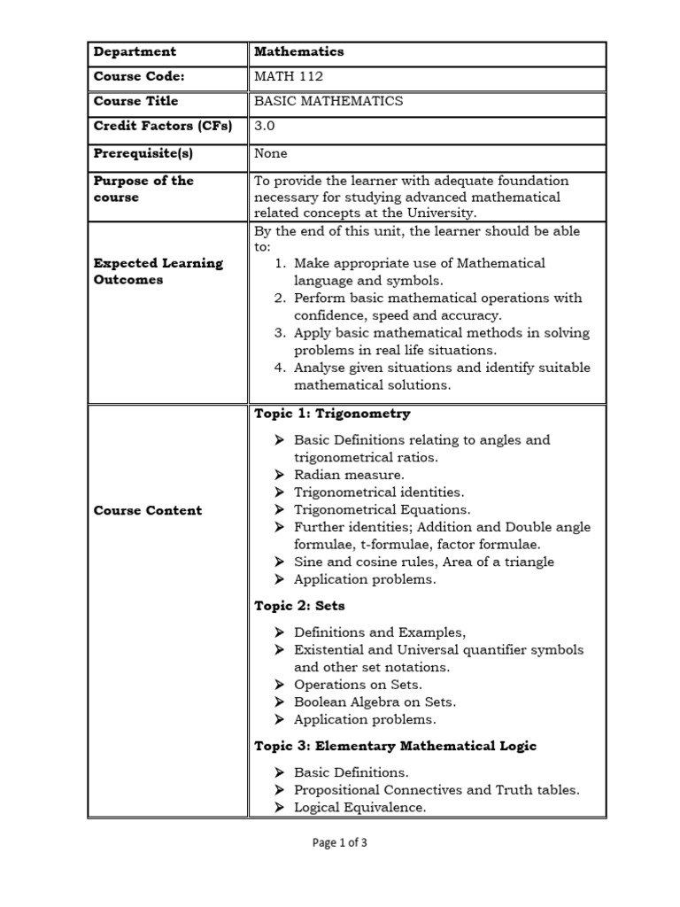 Math 112 Course Outline - 114949 - 110522 | PDF