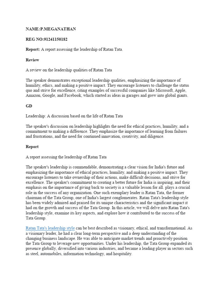 A Report Assessing The Leadership of Ratan Tata | PDF | Entrepreneurship | Career & Growth