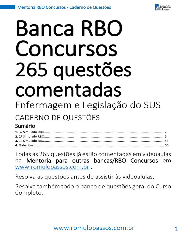 Mentoria RBO - 265 Questões de Enfermagem e SUS PDF | PDF