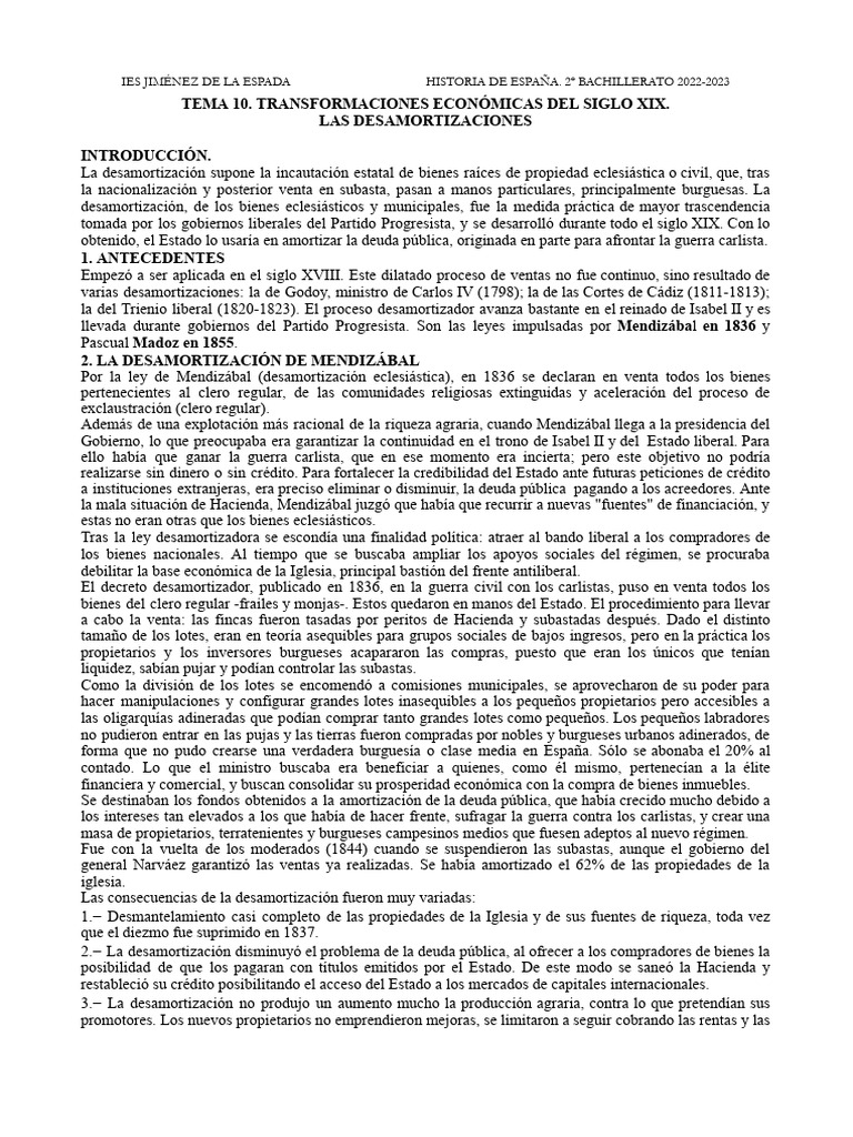10.transformaciones Económicas S. Xix. Las Desamortizaciones | PDF
