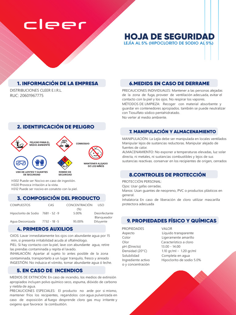 Hoja de Seguridad de Lejía Al 5% Distribuciones Cleer | PDF