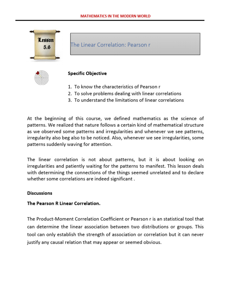 The Linear Correlation: Pearson R: Lesson 5.6 | PDF