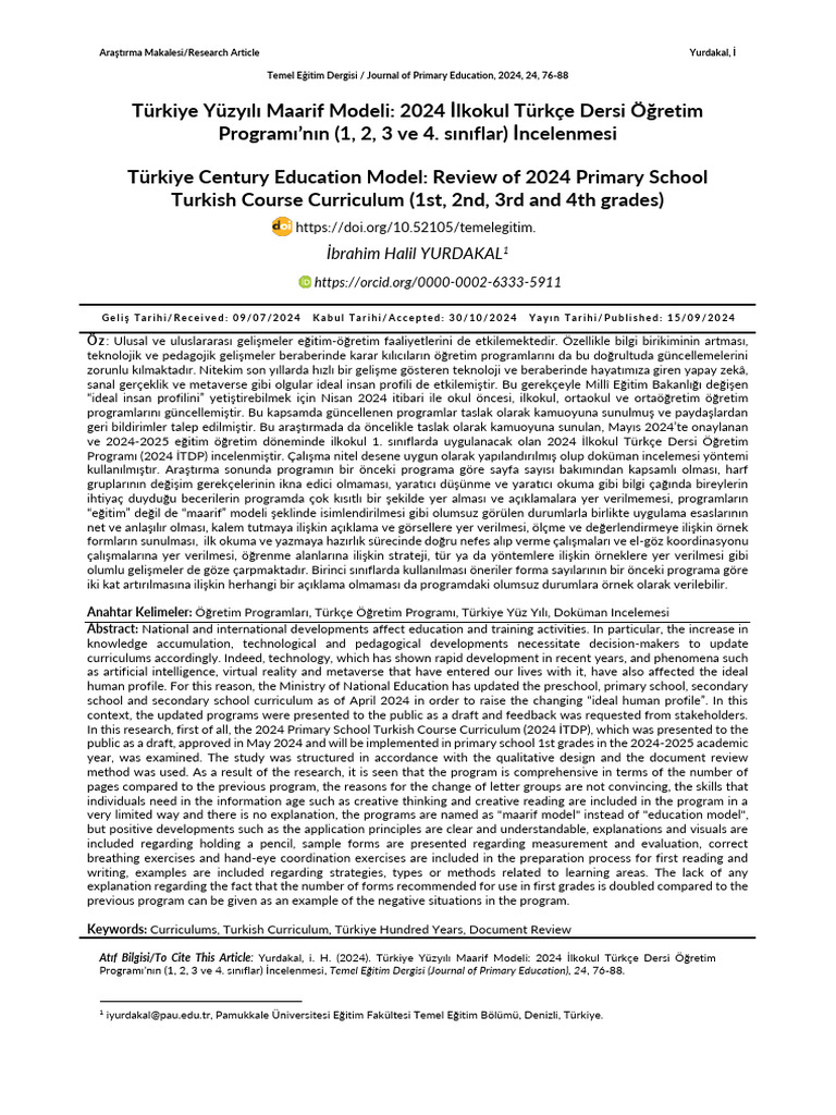 S Türkiye Century Education Model: Review of 2024 Primary School Turkish Course Curriculum (1st ...